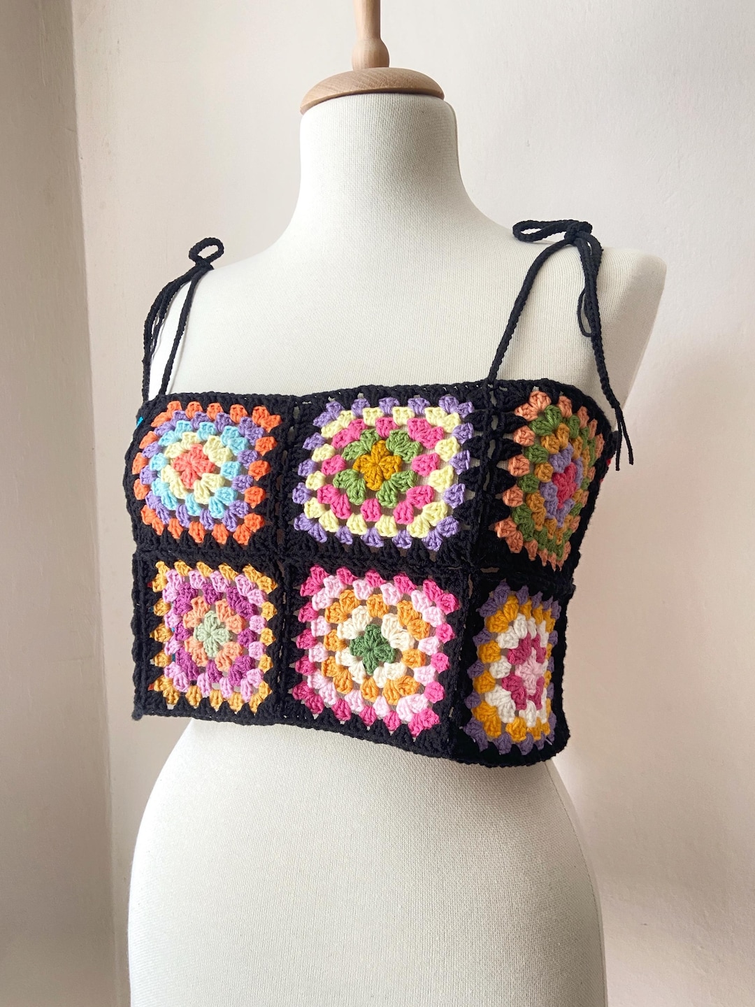 Crochet Croptop, Granny Square Top, Multicolor Top, Festival Top, Black ...