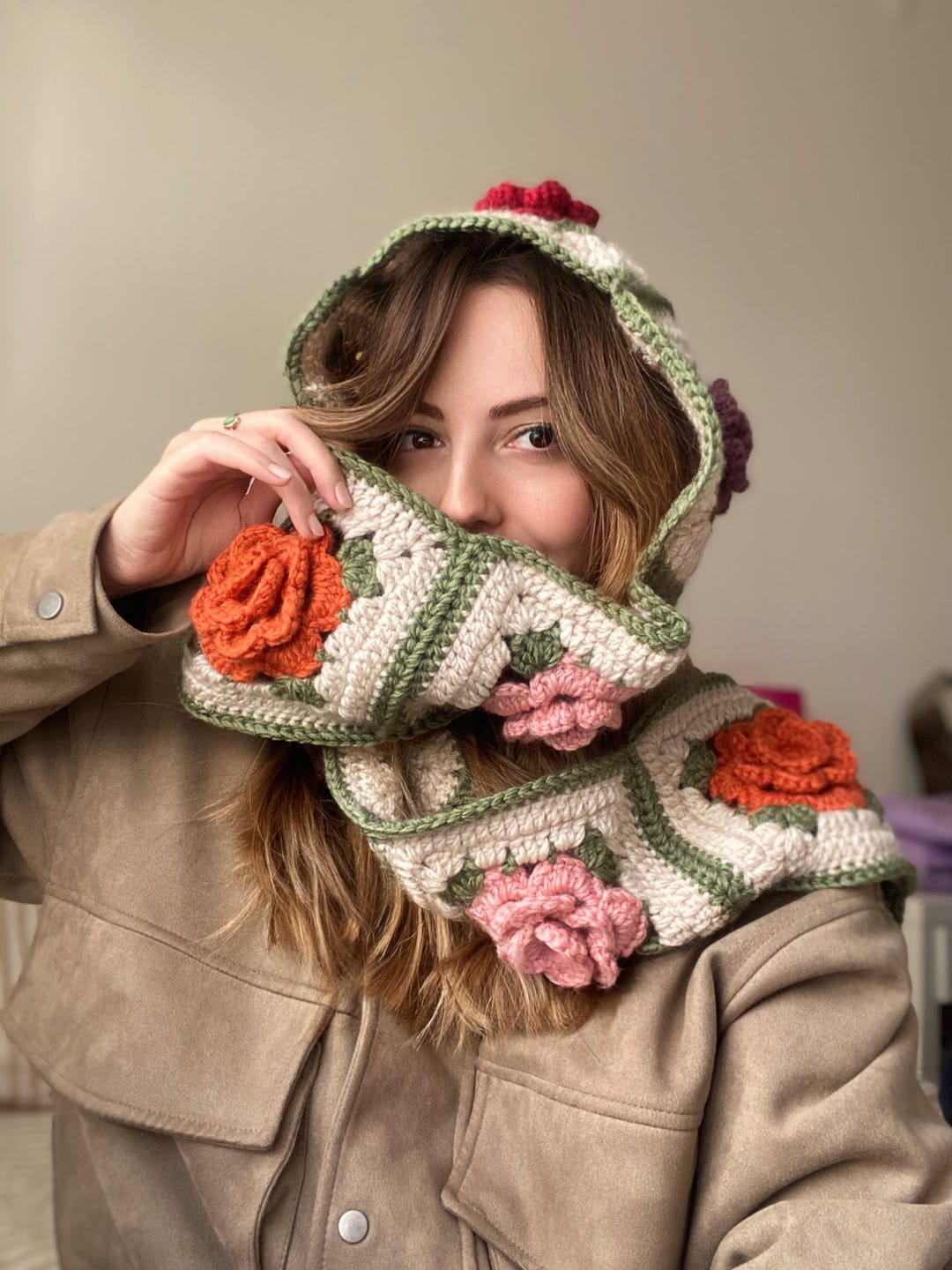 Crochet Scarf, Crochet Rose Hood, Colorful Crochet Rose Motif Balaclava ...