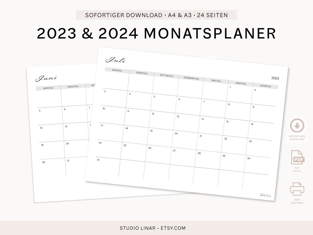 Printable Calendar 2023 & 2024 Monthly Planner A4 A3 - Etsy