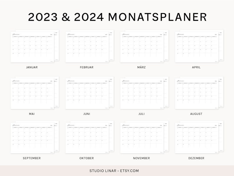 Printable Calendar 2023 & 2024 Monthly Planner A4 A3 - Etsy