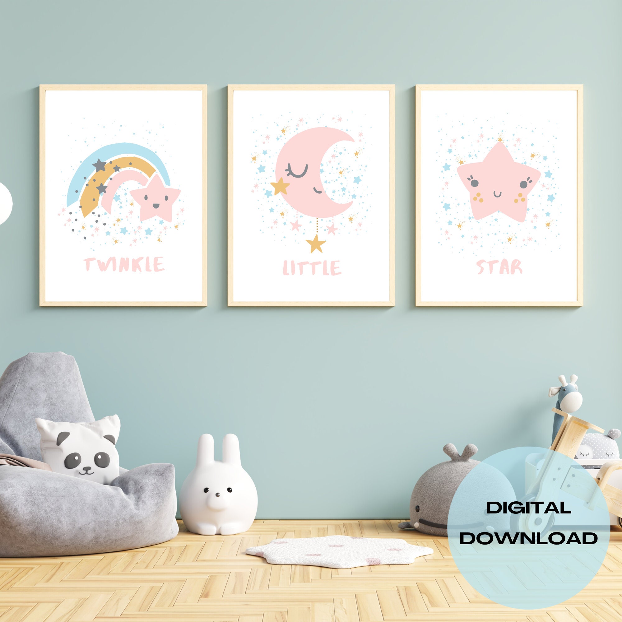 Set of 3, Twinkle Little Star Prints, Stars and Moon, Nursery Print ...