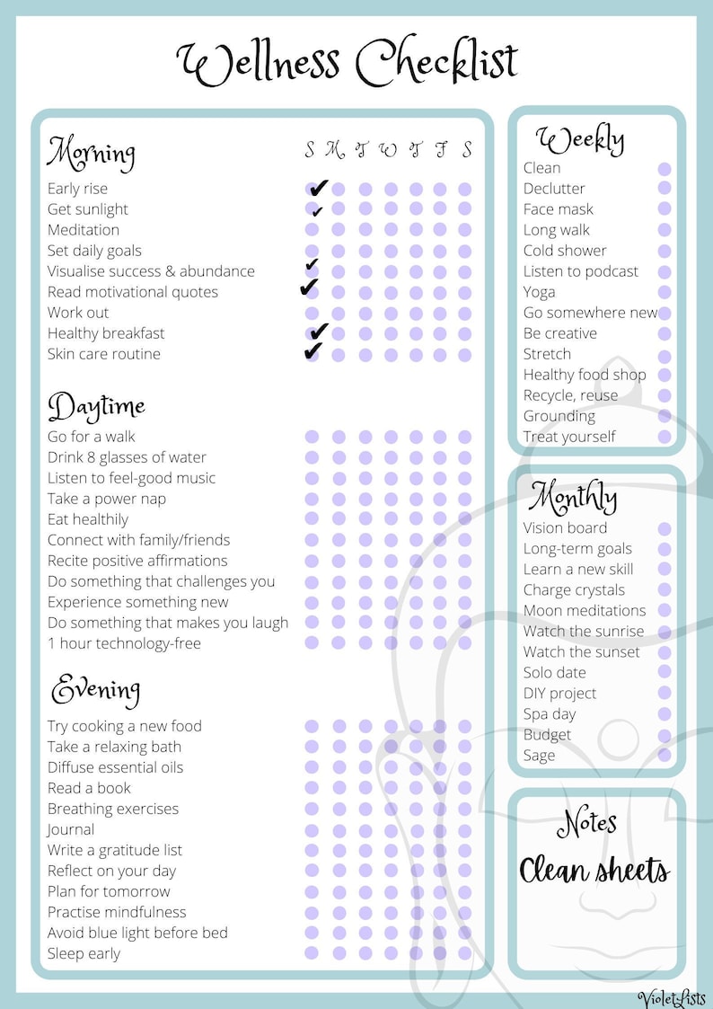 Wellness Checklist (digital), Self-care List, Daily Wellness, Holistic ...