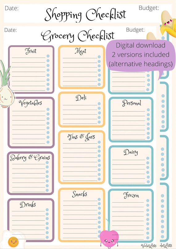 Grocery List Printable digital Copy Shopping Checklist | Etsy