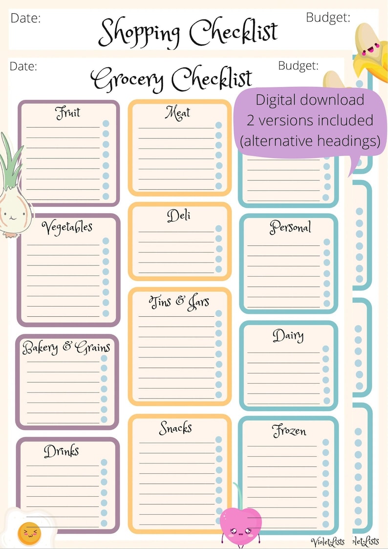 Grocery List Printable (digital Copy), Shopping Checklist, Food Shop ...