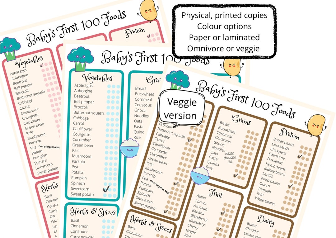 Baby’s First 100 Foods Charts, Printed/laminated, Omnivore (pink,blue ...
