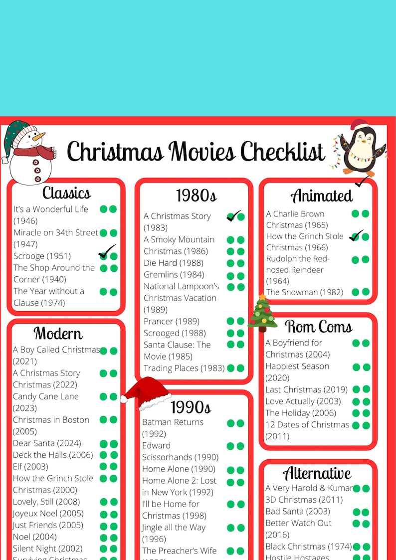 Christmas Movies Checklist (digital) - Etsy