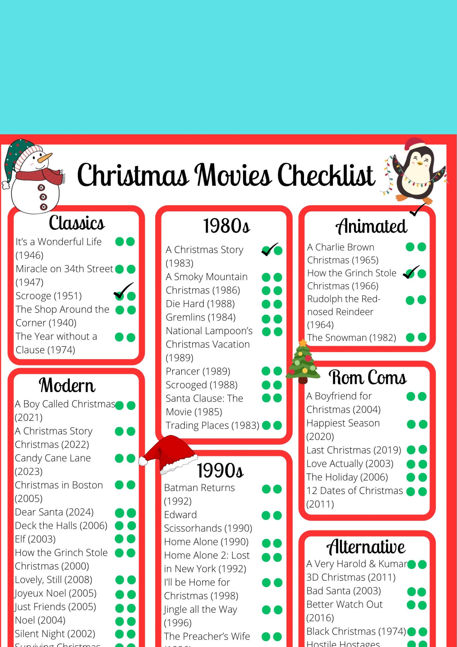 Christmas Movies Checklist (digital) - Etsy