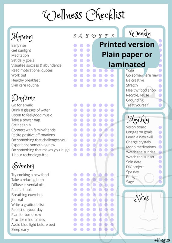 Wellness Checklist printed Self Care List Holistic Care | Etsy