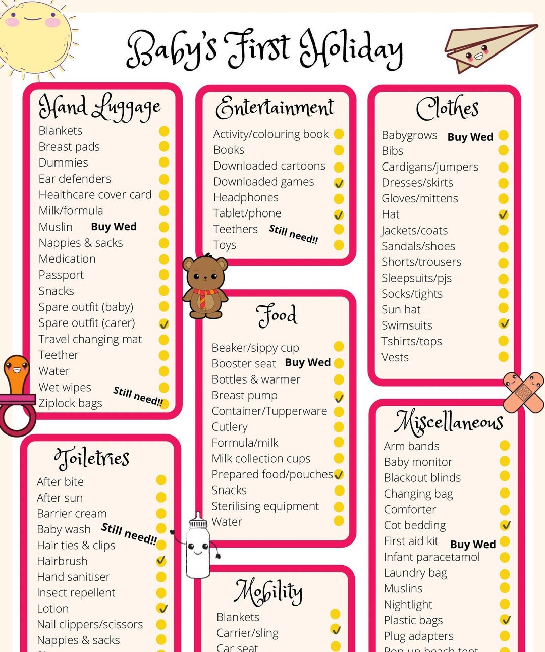 Baby’s First Holiday Packing Checklist and Organiser. - Etsy