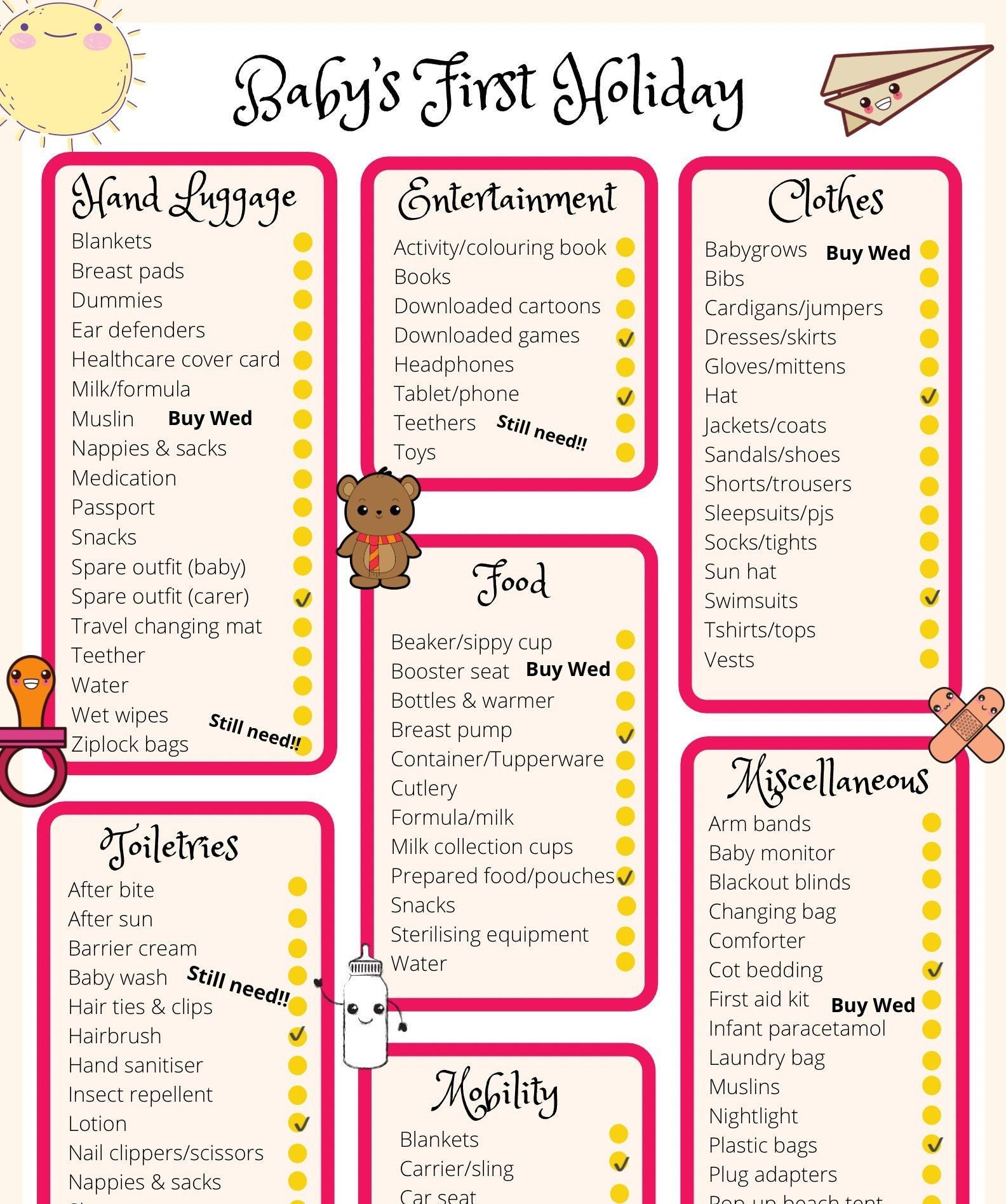 Baby’s First Holiday Packing Checklist and Organiser. - Etsy