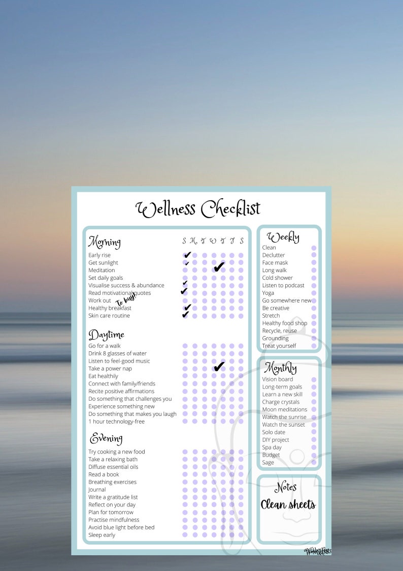 Wellness Checklist (digital), Self-care List, Daily Wellness, Holistic ...