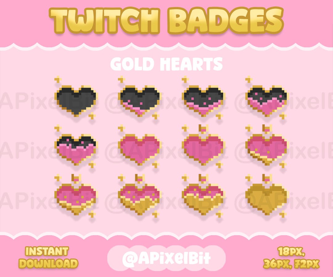 Pixel Gold Hearts Twitch Sub Badges | Pixel Pink Hearts Twitch Sub ...