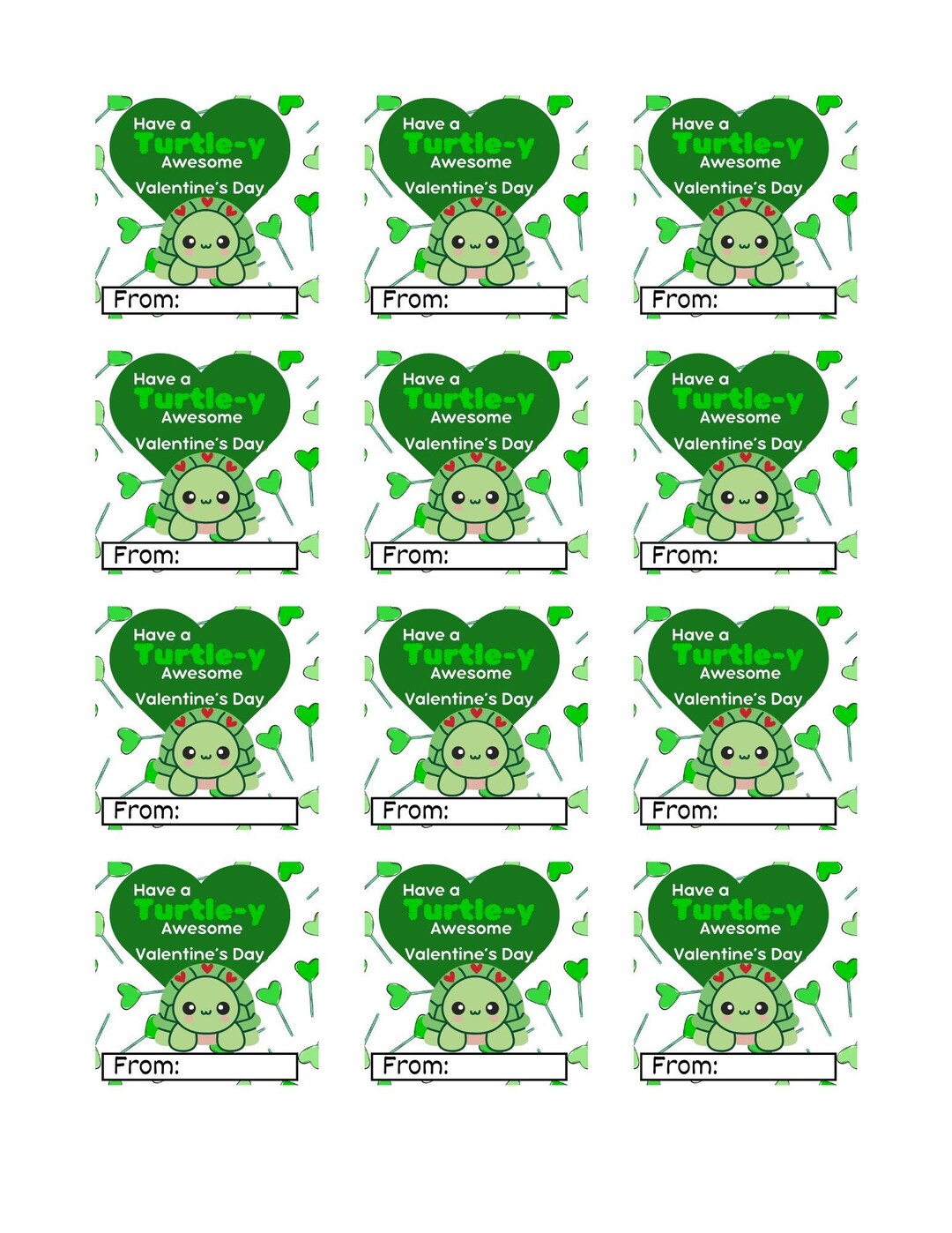Turtle Valentine Printable: Classroom Exchange Cards (digital Download ...