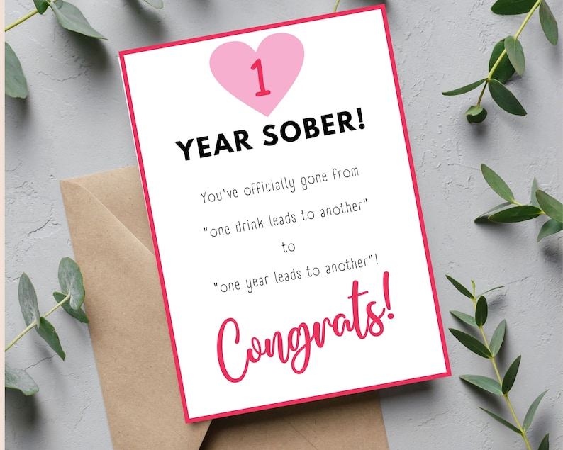 One Year Sober Printable Card for Soberversary, Sobriety Gift for Women ...