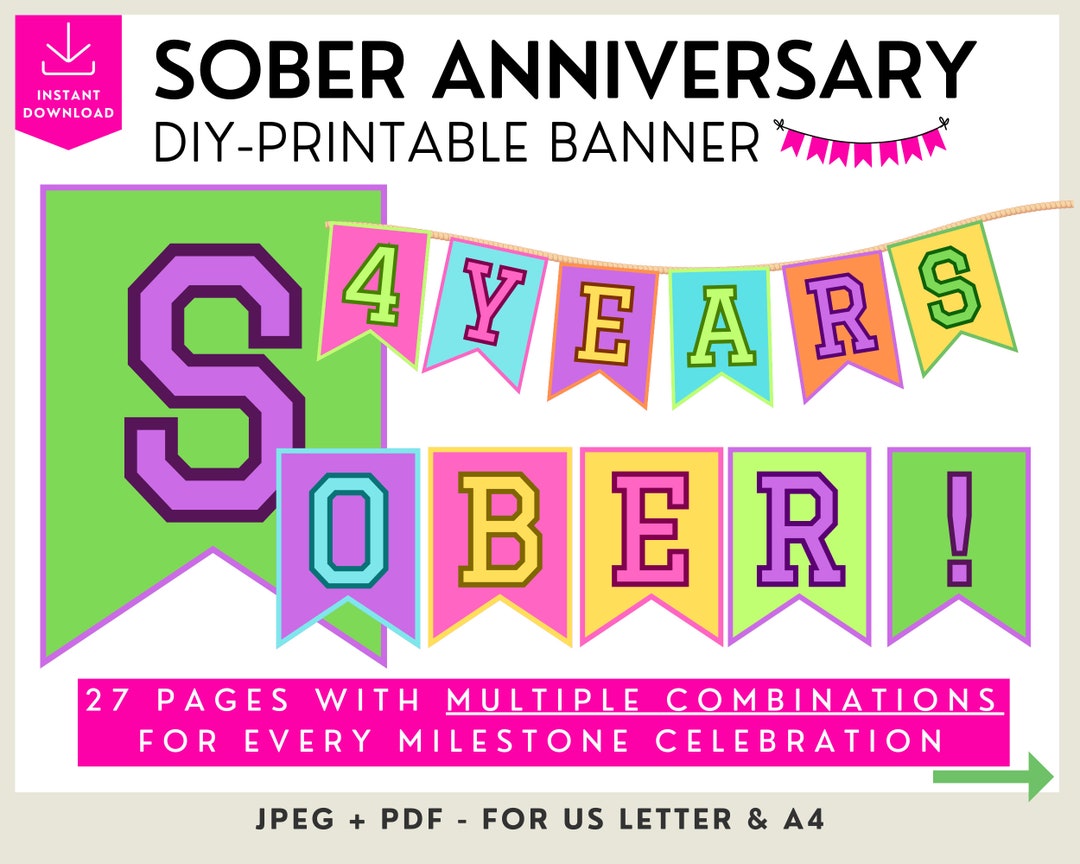 DIY Printable Party Banner, Colorful Sobriety Anniversary, Recovery ...