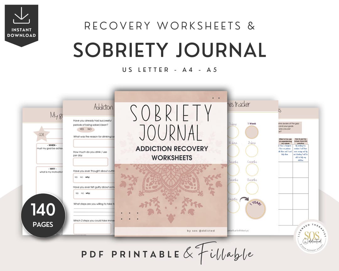Sobriety Journal & Recovery Therapy Worksheets, Addiction Treatment ...