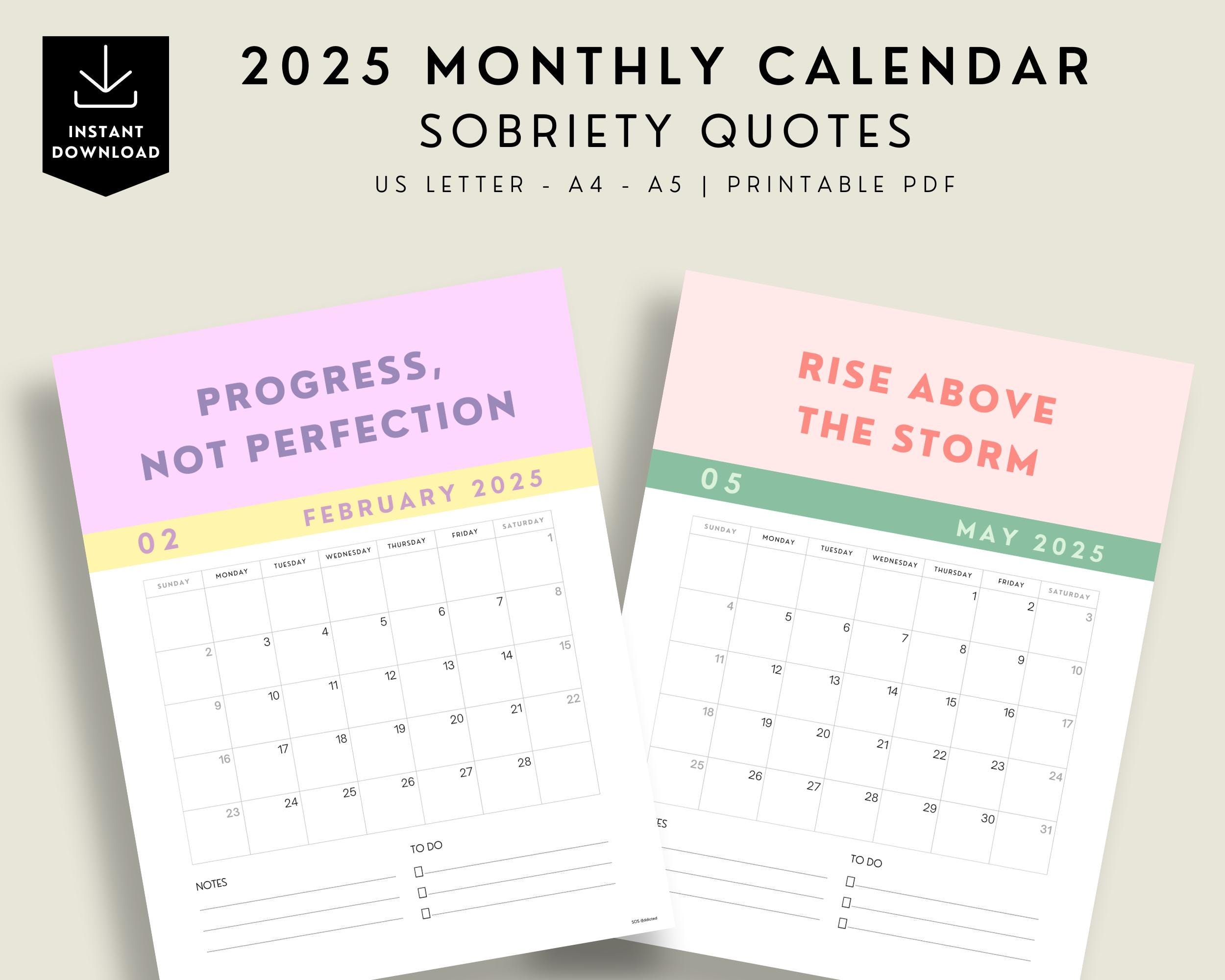 2025 Sobriety Calendar Motivational AA Quotes, Printable Monthly ...
