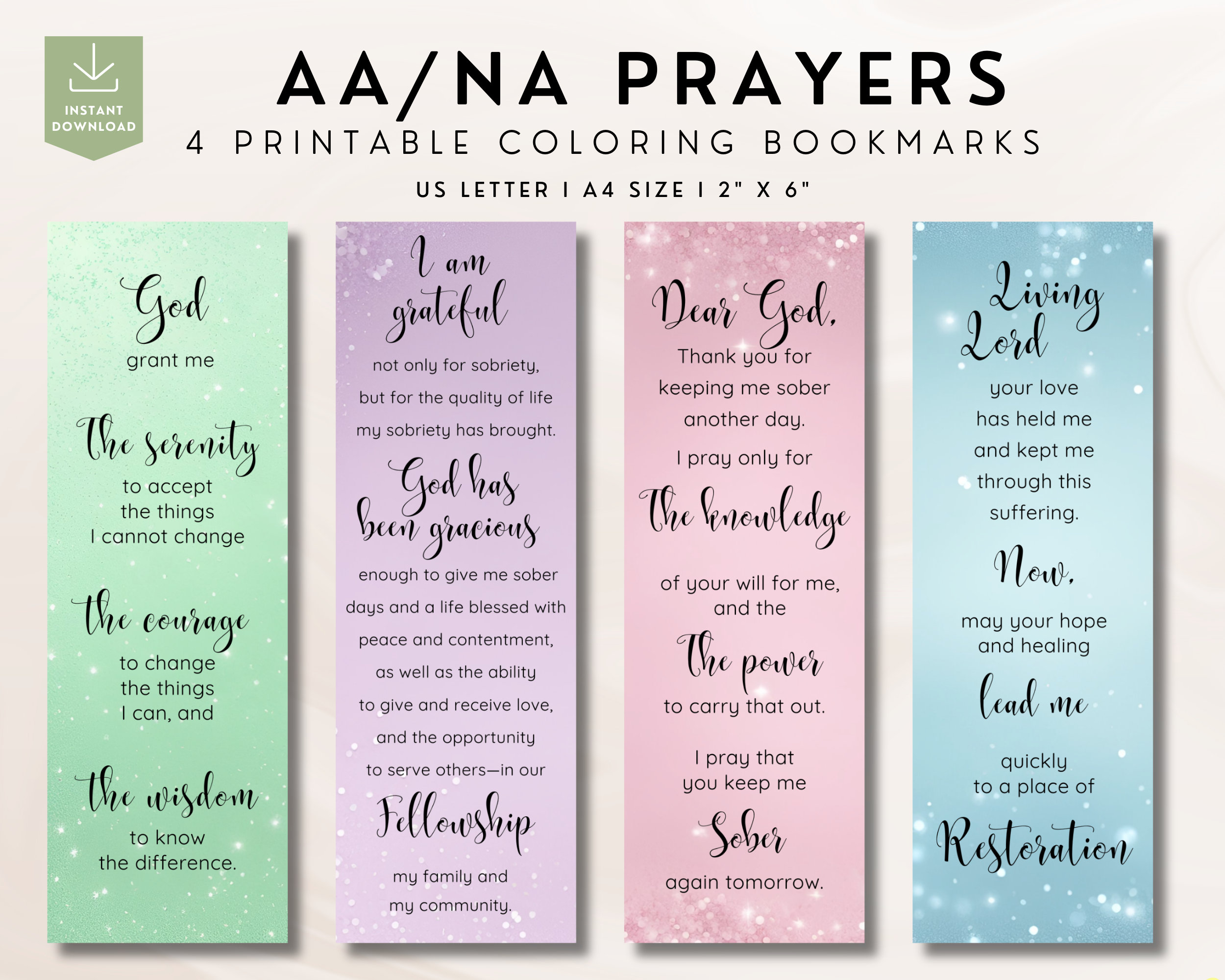 AA Serenity Prayer Bookmarks, Printable NA Recovery Gratitude Prayer ...