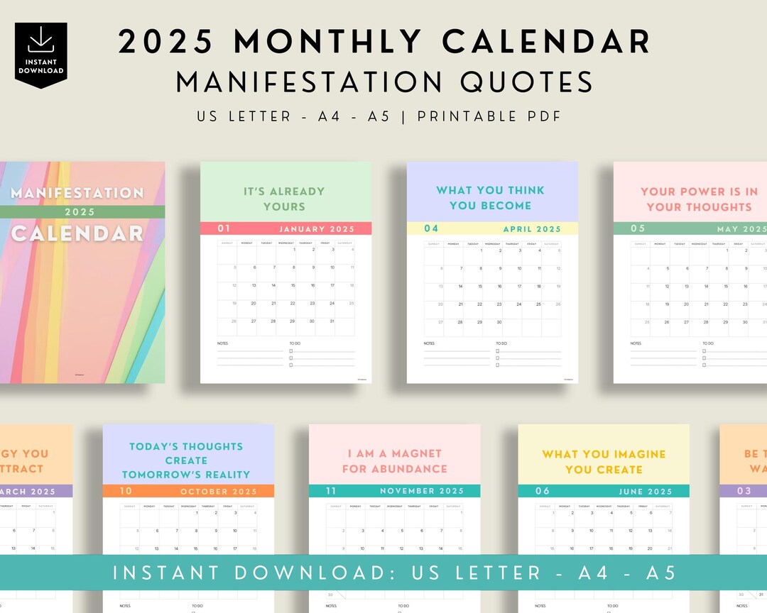 Manifestation Quotes Printable Monthly Calendar 2025, Bright Pastels ...
