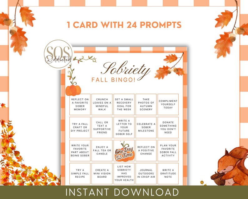 Fall Sobriety Bingo Printable, Addiction Recovery Game, Autumn Themed ...