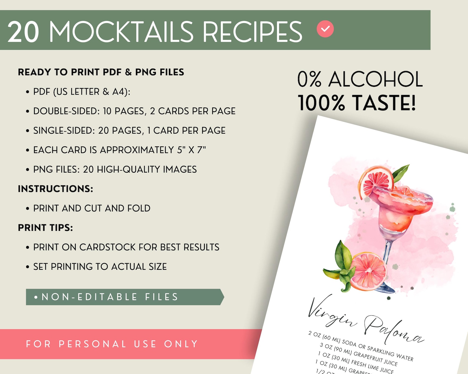Mocktail Recipe Flashcards, 20 Alcohol-free Drinks Ingredients Cards ...