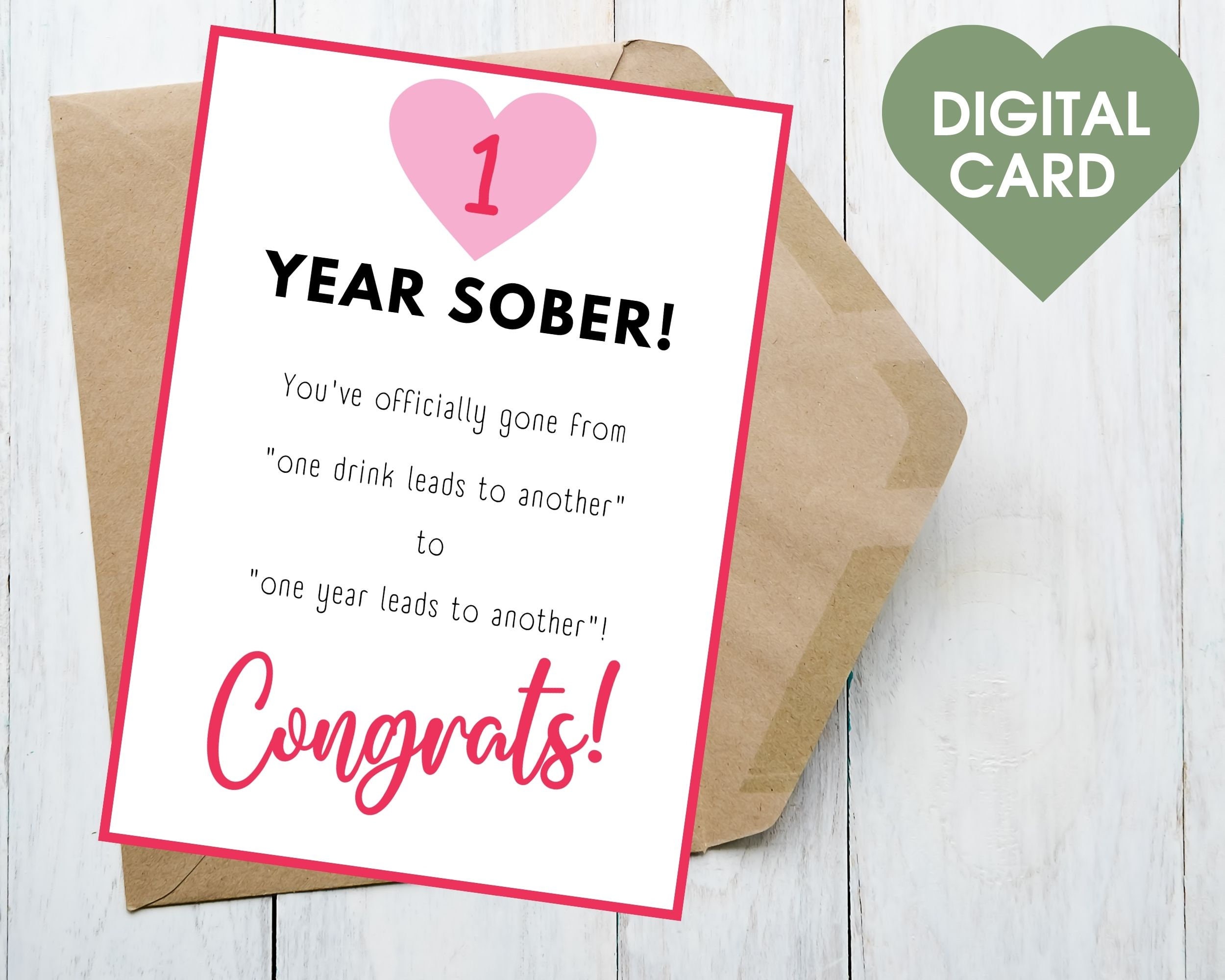 One Year Sober Printable Card for Soberversary, Sobriety Gift for Women ...