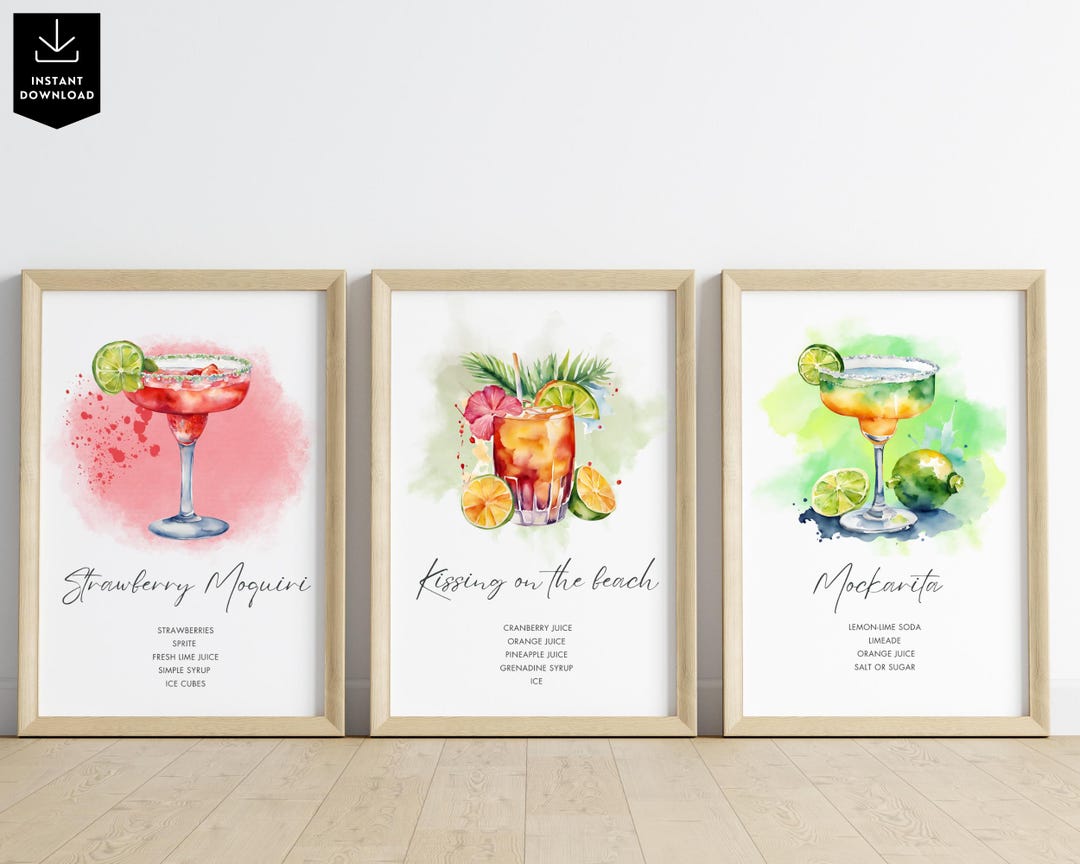 Printable Mocktail Poster, Digital Print Set of 3, Watercolor Non ...