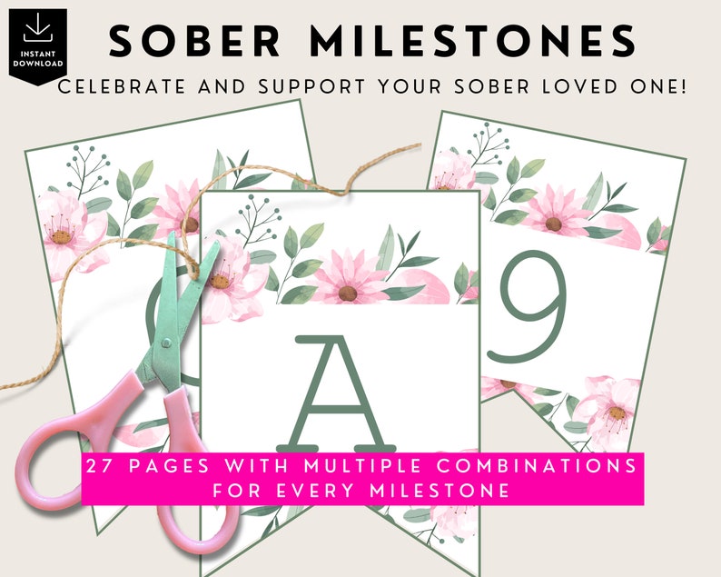 Floral Sobriety Anniversary Banner: DIY Addiction Recovery Milestone ...
