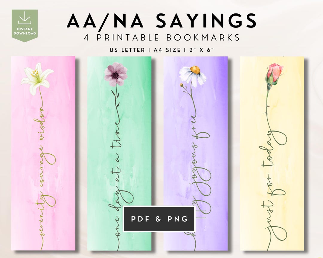 AA NA Digital Sobriety Bookmarks Recovery Saying, Printable Floral ...