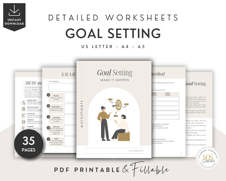 Goal Setting Sheets, Printable SMART Template, Therapy Worksheets ...