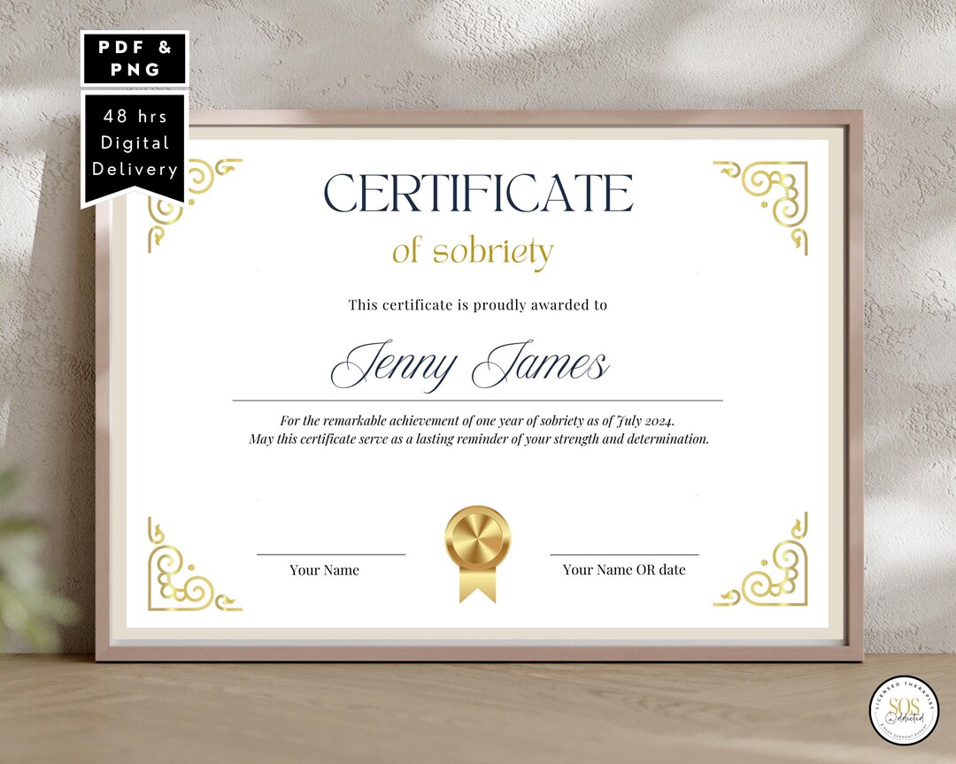Personalized Sobriety Certificate, Printable Award Made to Order ...