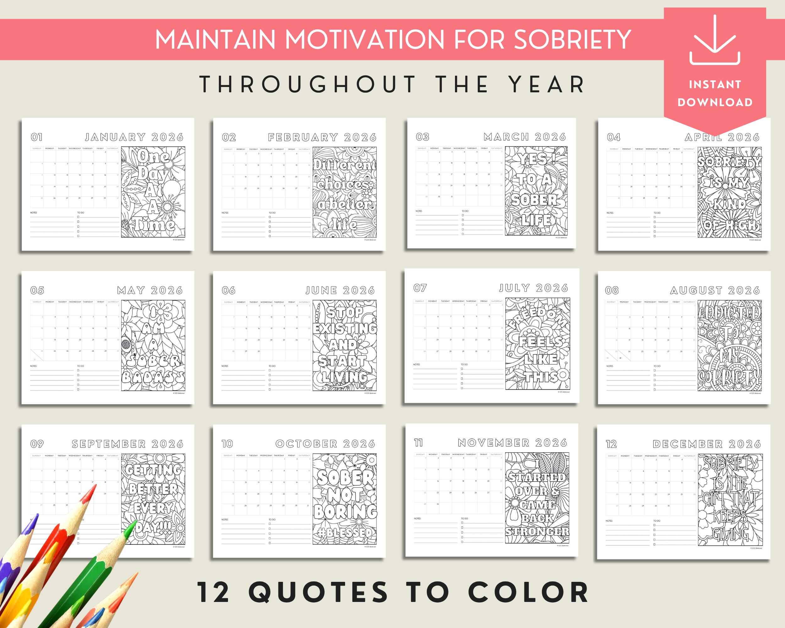 Sobriety Calendar 2026 With Monthly Coloring Pages & Sober Quotes ...
