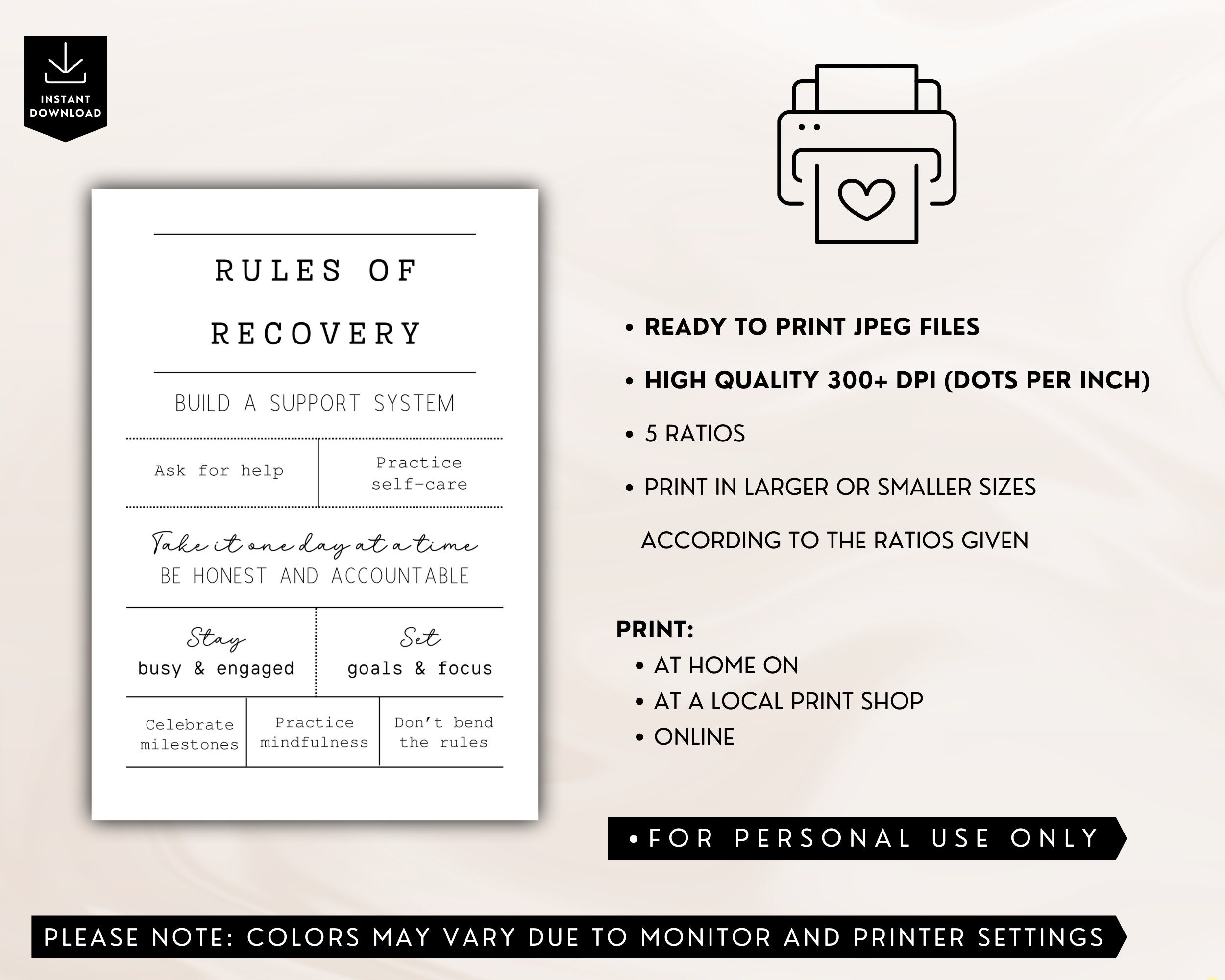 Rules of Recovery Digital Wall Art, Sobriety Motivation Home Office ...