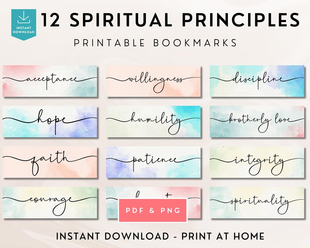 12 Spiritual Principles Digital Bookmarks, Watercolor Calligraphy ...