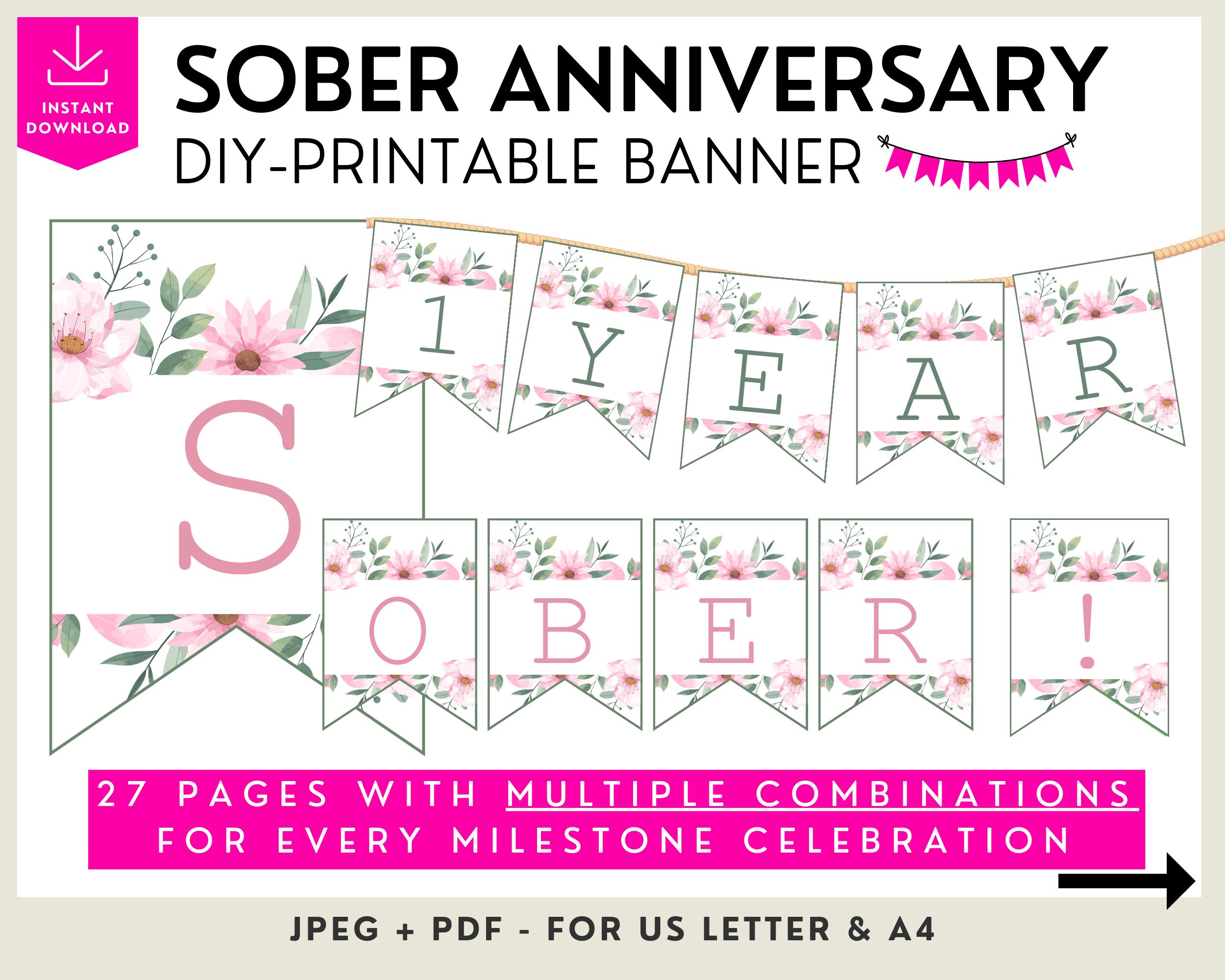 Floral Sobriety Anniversary Banner: DIY Addiction Recovery Milestone ...