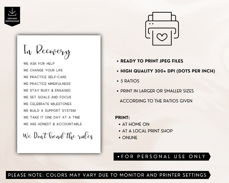 Rules of Recovery Printable Poster, Sobriety Motivation, Therapist ...