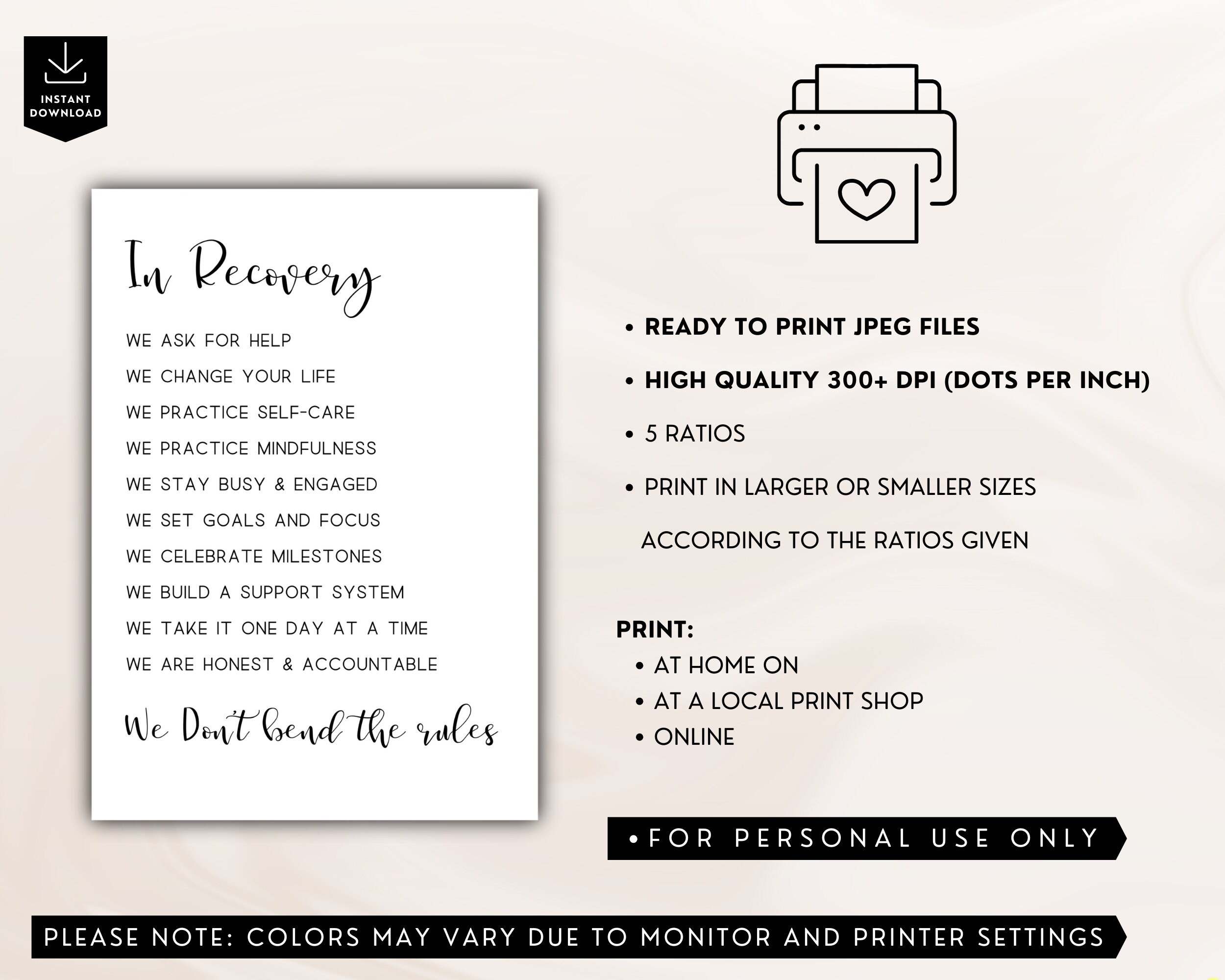 Rules of Recovery Printable Poster, Sobriety Motivation, Therapist ...