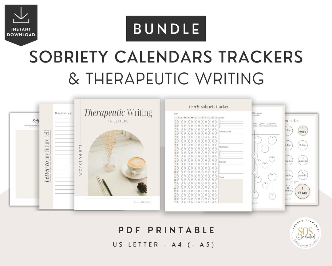 Sobriety Trackers Calendars AND Therapeutic Writing, Therapy Worksheets ...