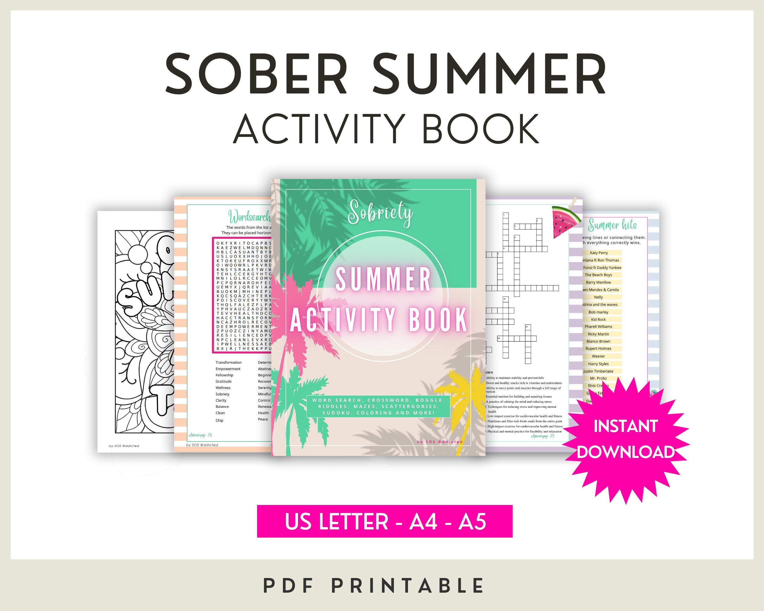 Summer Sobriety Activity Book With Addiction Recovery Games & Coloring ...