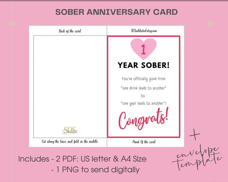 One Year Sober Printable Card for Soberversary, Sobriety Gift for Women ...