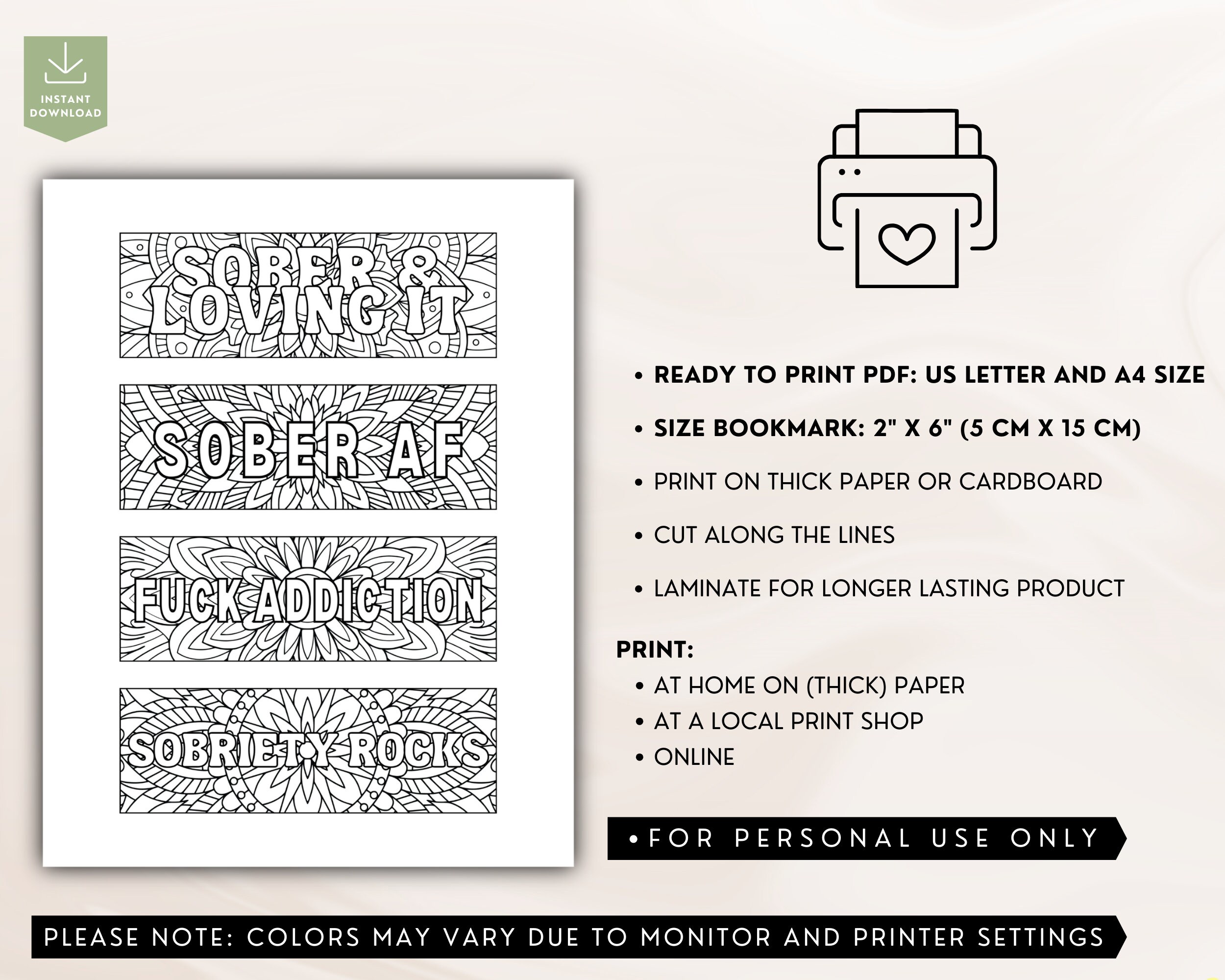 Sobriety Coloring Bookmarks, Printable Addiction Recovery Book Mark Set ...
