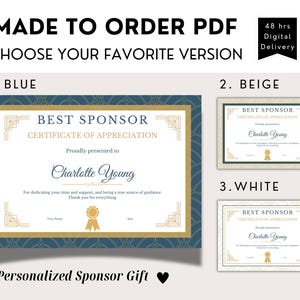 Custom Best Sponsor Certificate, Printable Award Made to Order ...