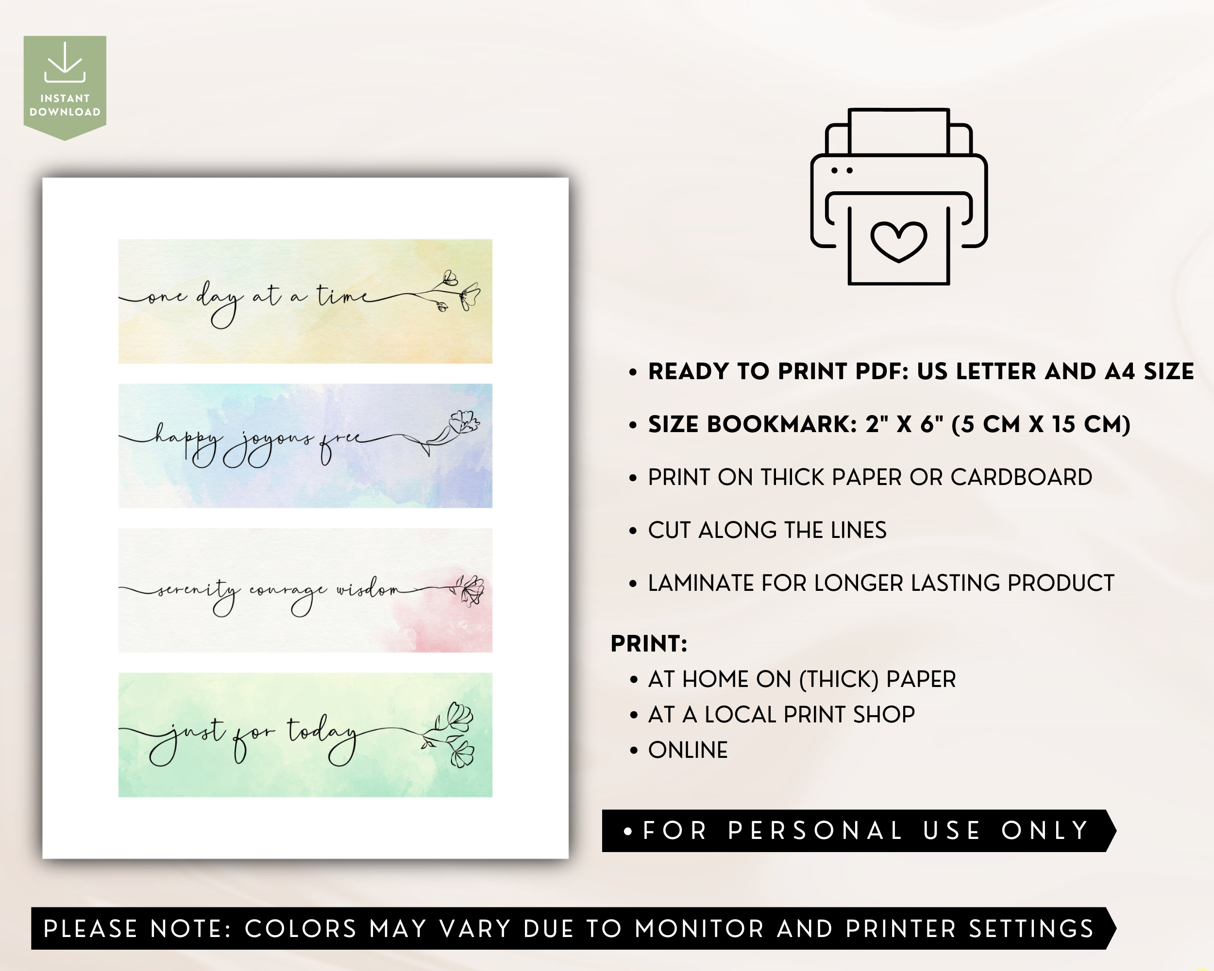 Printable Bookmarks With AA Slogans and Affirmations, Watercolor NA ...