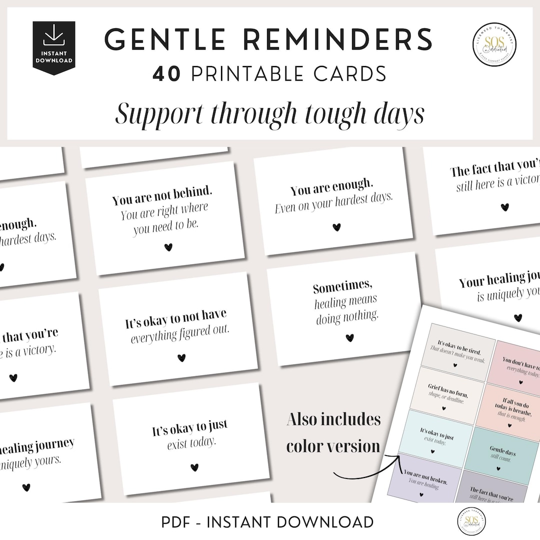 Gentle Reminders Affirmation Cards, Anxiety Printable Self Love Card ...