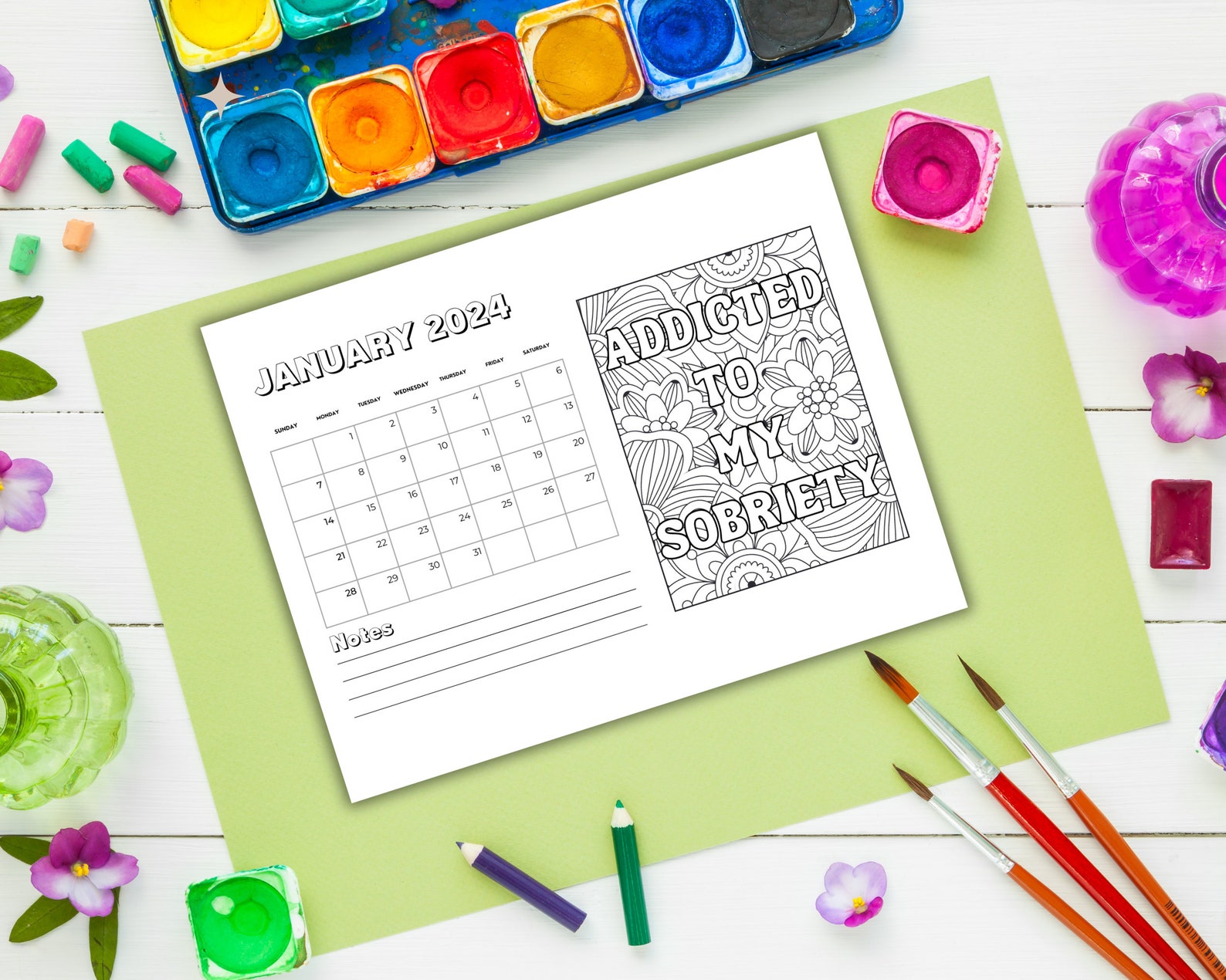 Sobriety Calendar 2024, Monthly Adult Coloring Pages, Sober Quotes ...