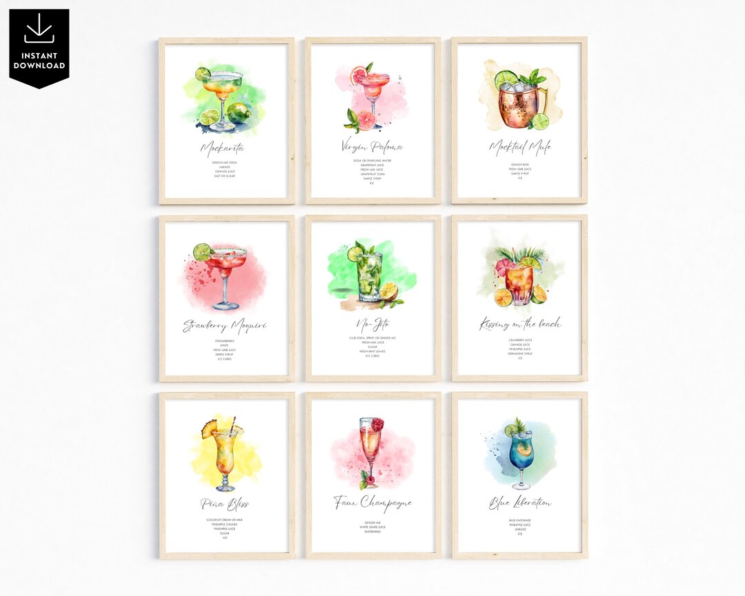Set of 9 Mocktail Digital Print, Printable Poster Watercolor Non ...