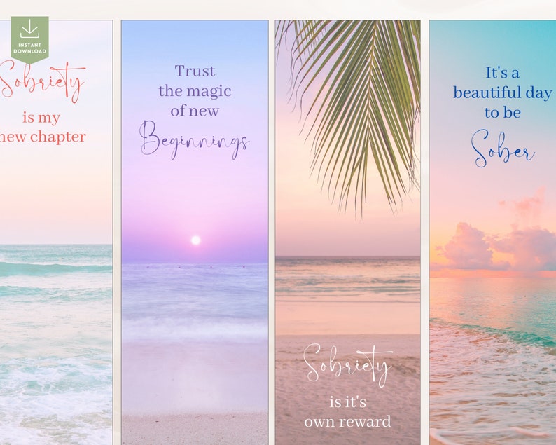 Printable Sobriety Beach Bookmark Set of 4, Digital Addiction Recovery ...