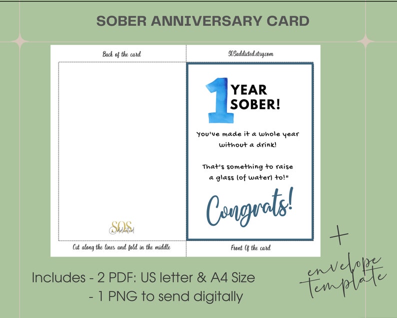 1 Year Sober Printable Card, Digital Sobriety Card, Soberversary Card ...