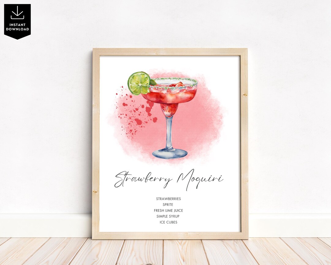 Watercolor Strawberry Mocktail Recipe Printable Poster, Non-alcoholic ...