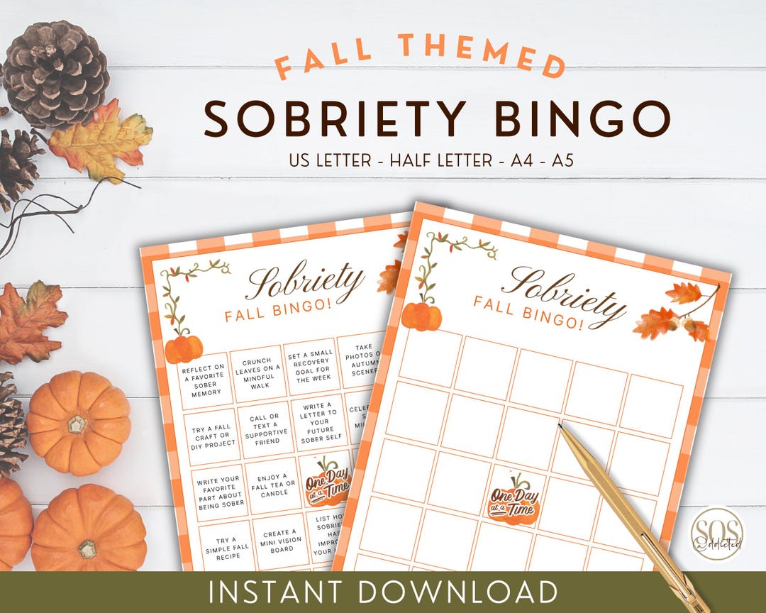 Fall Sobriety Bingo Printable, Addiction Recovery Game, Autumn Themed ...